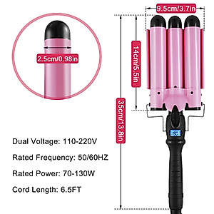 3 Barrel Curling Iron Wand Hair Crimper with Dual Voltage, 1 Inch Hair Waver Iron with LCD Temp Display, Ceramic Tourmaline Crimper Hair Iron, Hair Curler Temperature Adjustable