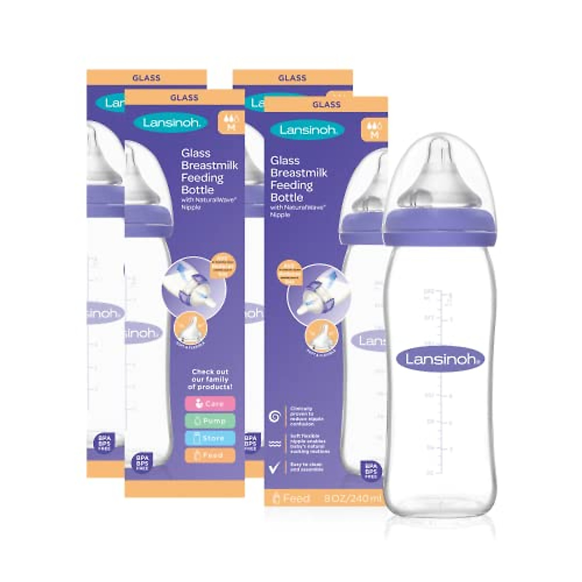 Lansinoh Glass Baby Bottles for Breastfeeding Babies, Includes 4 Medium Flow Nipples (Size 3M), 8 Ounce (Pack of 4)