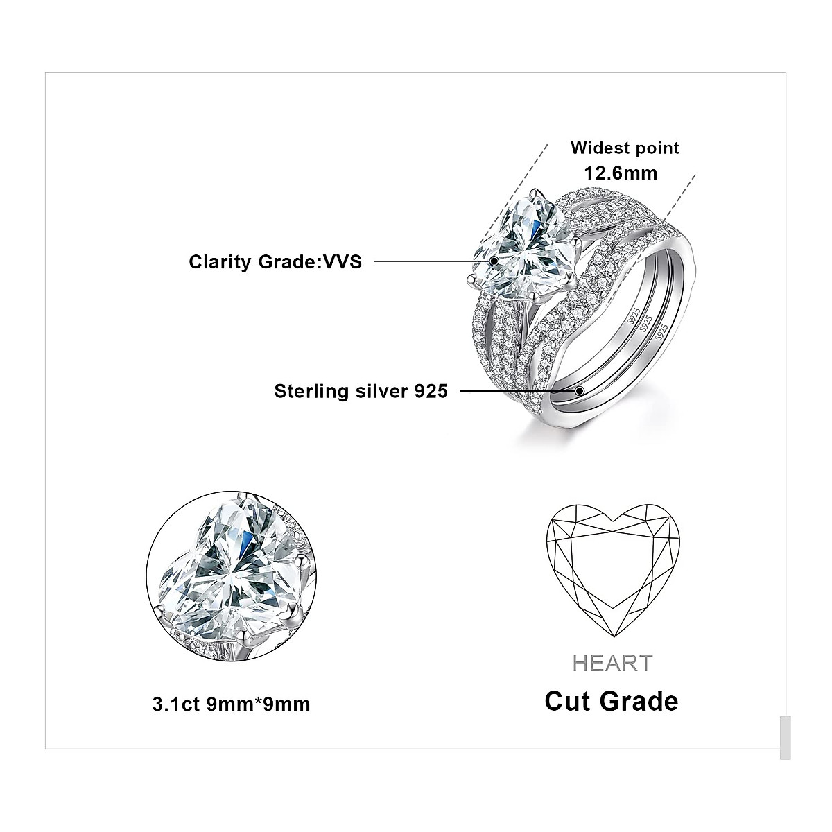 JewelryPalace Love Heart 3ct Cubic Zirconia Solitaire Engagement Rings for Women, 925 Sterling Silver Promise Ring for her, Simulated Diamond Twisted Anniversary Wedding Band Enhancer Bridal Sets 8