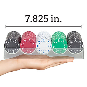 Brybelly Poker Chip Set with Acrylic Chip Tray, 100 Ct - 11.5g Lightweight, Blank Poker Chips with Card Suit Symbols and Poker Chip Holder - Rack Me Up Bundle, White