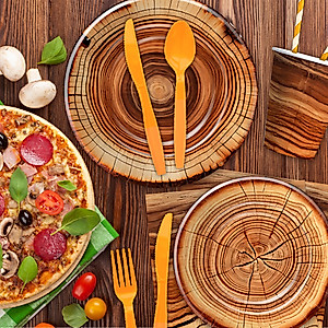 Xenorik Wood Grain Slice Paper Plates And Napkins Party Supplies For Birthday Baby Shower Wedding - Wooden Plates, Cup, Napkin, Fork, Lumberjack Camping Hunting Party Decorations Tableware | Serve 24