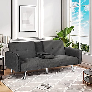 AWQM Futon Sofa Bed,Modern Upholstered Convertible Folding Sleeper Sofa,Recliner Futon Couch Bed with Armrests 2 Cup Holders,for Living Room,Apartment,72.4" L x 18.5" D x 29.9" H,Dark Grey