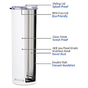 SUNWILL Straw Tumbler Skinny Travel Tumbler with Lid, Vacuum Insulated Double Wall Stainless Steel 20oz for Coffee, Tea, Beverages, White