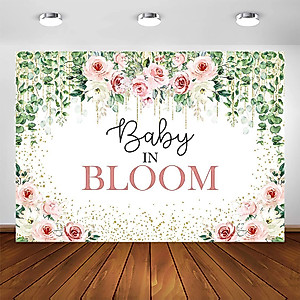 Avezano Baby in Bloom Backdrop Sage Green Leaves with Pink Flowers Baby Shower Party Decorations Baby Girl's Greenery Floral Nature Theme Photography Background Cake Table Banner (6x5ft(72x60in))