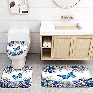AtGoWac 4 Pieces Flower and Butterfly Shower Curtain Sets with Rugs, Romantic Blue Butterfly Shower Curtain