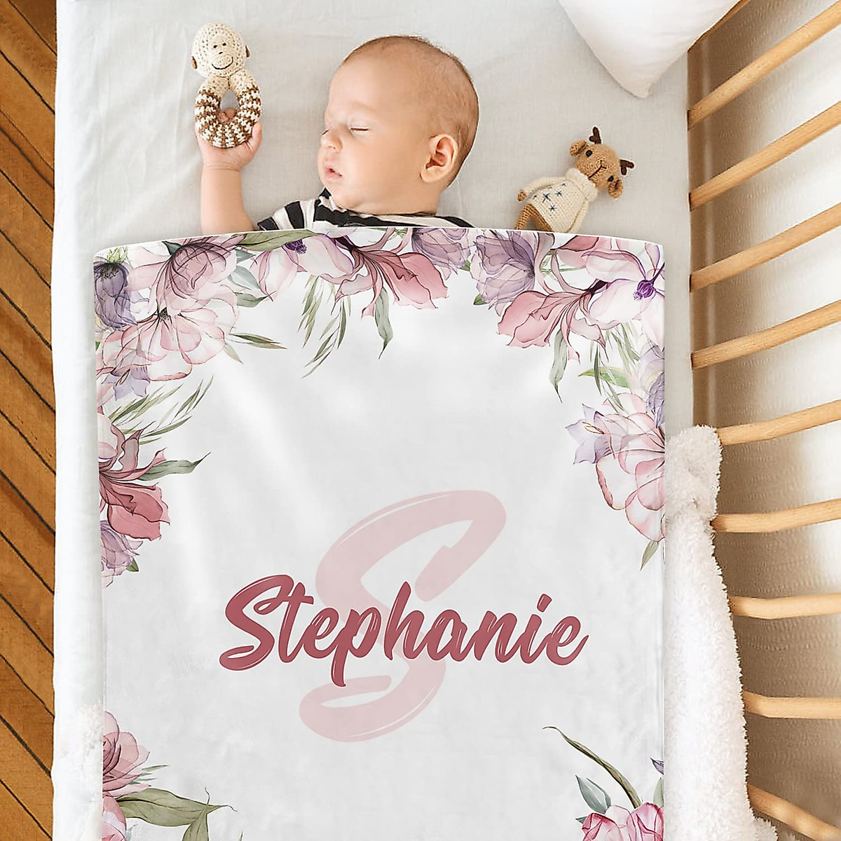 LESOON Customized Baby Blankets with Name - Personalized Boho Floral Blankets for Girls and Boys - Custom Toddler Blanket Baby Gifts for Newborns and Kids - Pink Floral Design