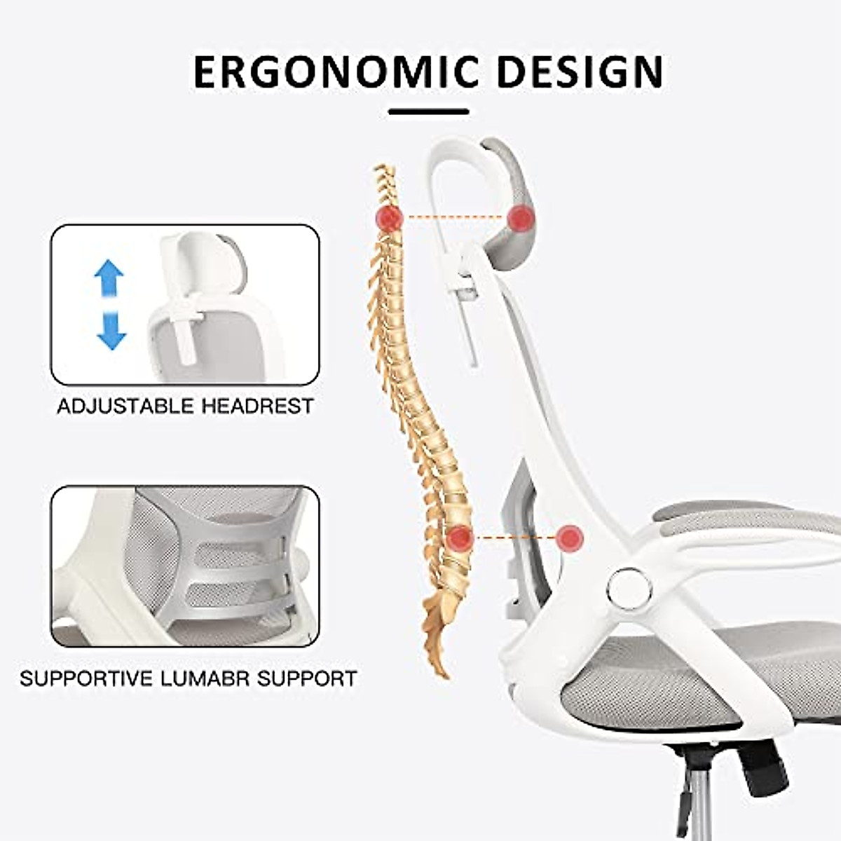 HYLONE Office Chair Executive Mesh Computer Desk Chair Comfortable with Headrest, Flip-up Arms, Adjustable Height, White