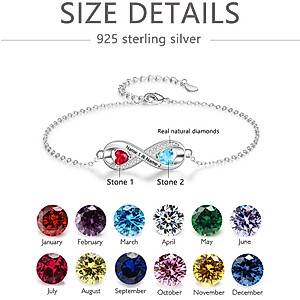 CTIEIP 10K/14K/18K Gold 0.07 Cttw Natural Diamond Personalized Infinity Name Bracelet for Women with 2 Birthstone Custom Engraved 2 Names Gift for Her