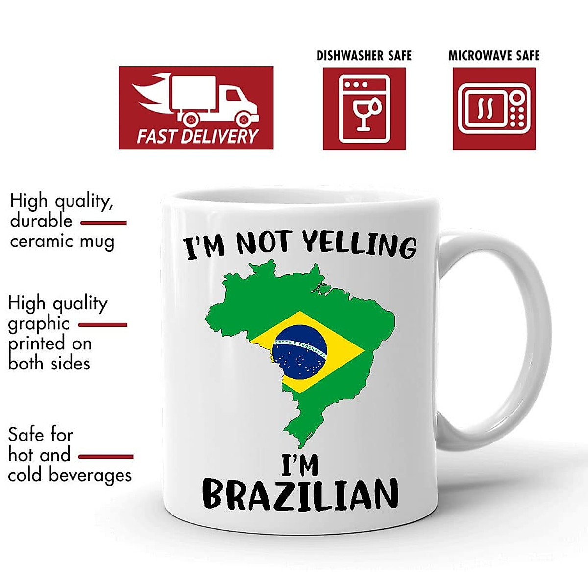 Funny Brazil Pride Coffee Mugs, I'm Not Yelling I'm Brazilian Mug, Gift Idea for Brazilian Men and Women Featuring the Country Map and Flag, Proud Patriot Souvenirs and Gifts