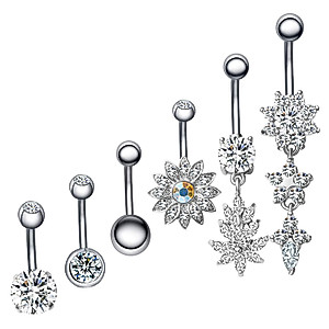 JDXN 6-8PCS 14G Stainless Steel Belly Button Rings CZ Pineapple Dangling Dangle Navel Ring Body Piercing (9PCS/SET Silver)