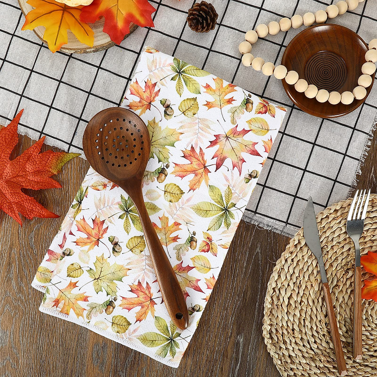AnyDesign Fall Kitchen Towel Rustic Autumn Plaids Maple Leaves Dish Towel 28 x 18 Inch Farmhouse Tea Towel Decorative Hand Drying Towel for Kitchen Cooking Baking Party Supplies, 2 Pack