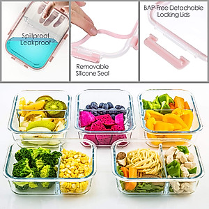 C CREST Glass Meal Prep Containers 2 Compartment Set, 5-Pack, 34oz, Glass Bento Boxes for Adults, Divided Glass Lunch Containers with Lids