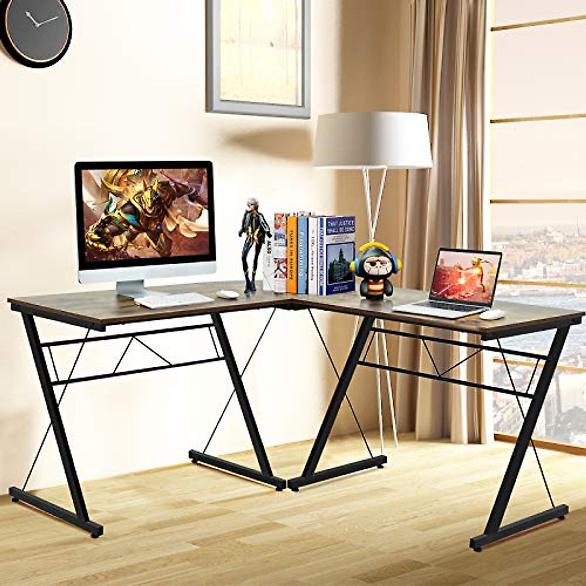 Tangkula L-Shaped Desk Corner Computer Desk, Space-Saving & Multifunctional Home Office Desk Writing Workstation Study Desk with Round Corner (Black)