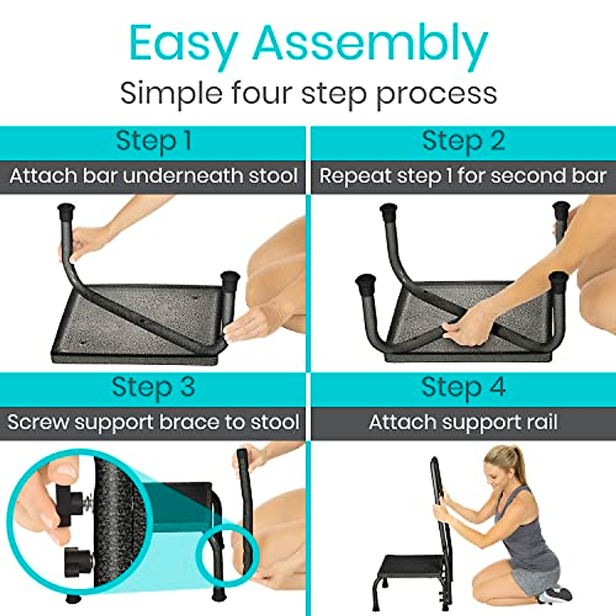 Vive Step Stool with Handle for Elderly and Adults - Bariatric Heavy Duty Footstool Riser for Kids - Platform with Handrail for Kitchen, Bedroom, Bathroom - Portable, Lightweight Step for Senior