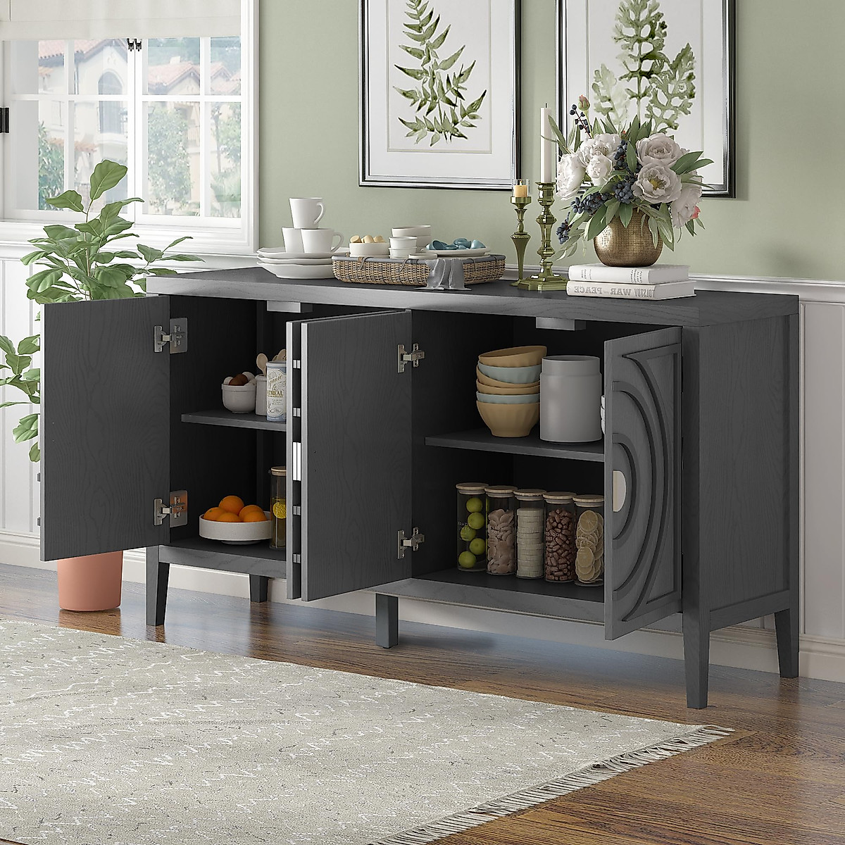 P PURLOVE Retro Accent Sideboard Cabinet with 4 Doors, Freestanding Storage Console Table with Circular Groove Design and Metal Door Handle, Wooden Sideboarddoor for Dining, Hallway (Gray)