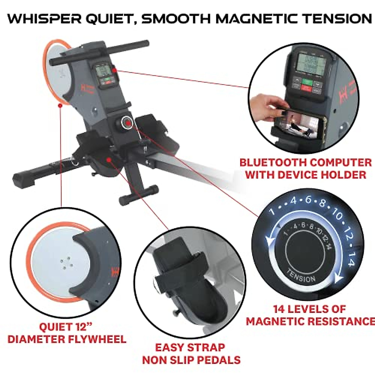 Women's Health Men's Health Magnetic Rowing Machine with 14 Adjustable Resistance Levels, Smart Power Sensor