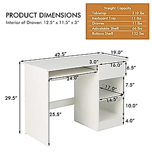 Tangkula White Desk with Drawer, Wooden Computer Desk with Pull-Out Keyboard Tray & Adjustable Storage Shelves, Modern Laptop PC Desk with CPU Stand, Writing Study Desk for Bedroom (White)
