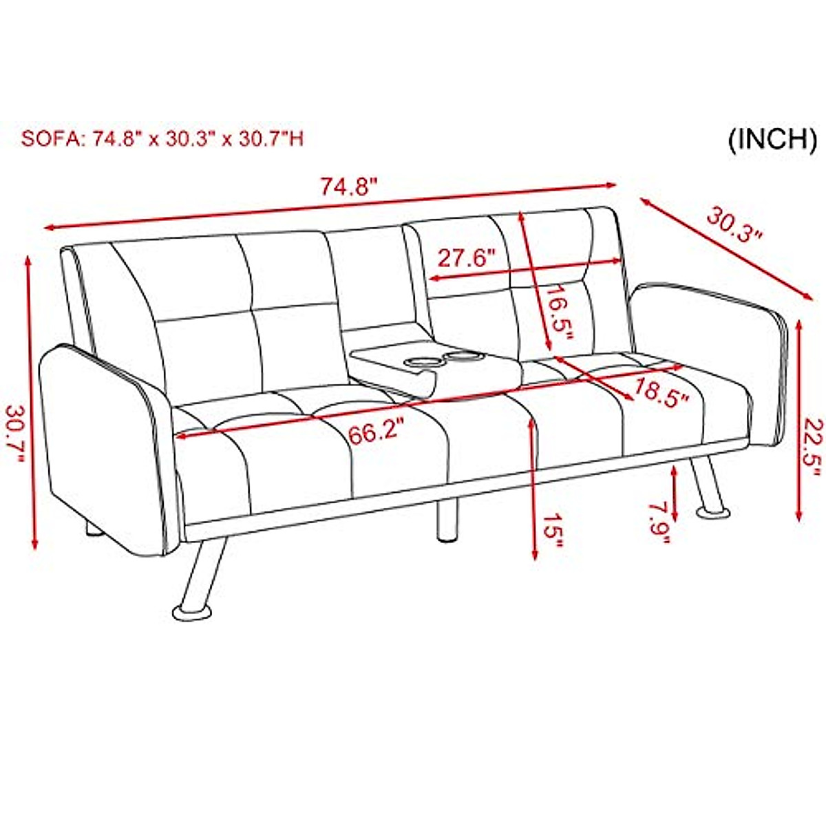 FULife Futon Sofa Convertible Sleeper Couch Bed Daybed Loveseat, Folding Recliner with 2 Cup Holders, Metal Legs, Removable Soft Pillow-Top Armrest for Living Room Small Place, Light Gray 66.1