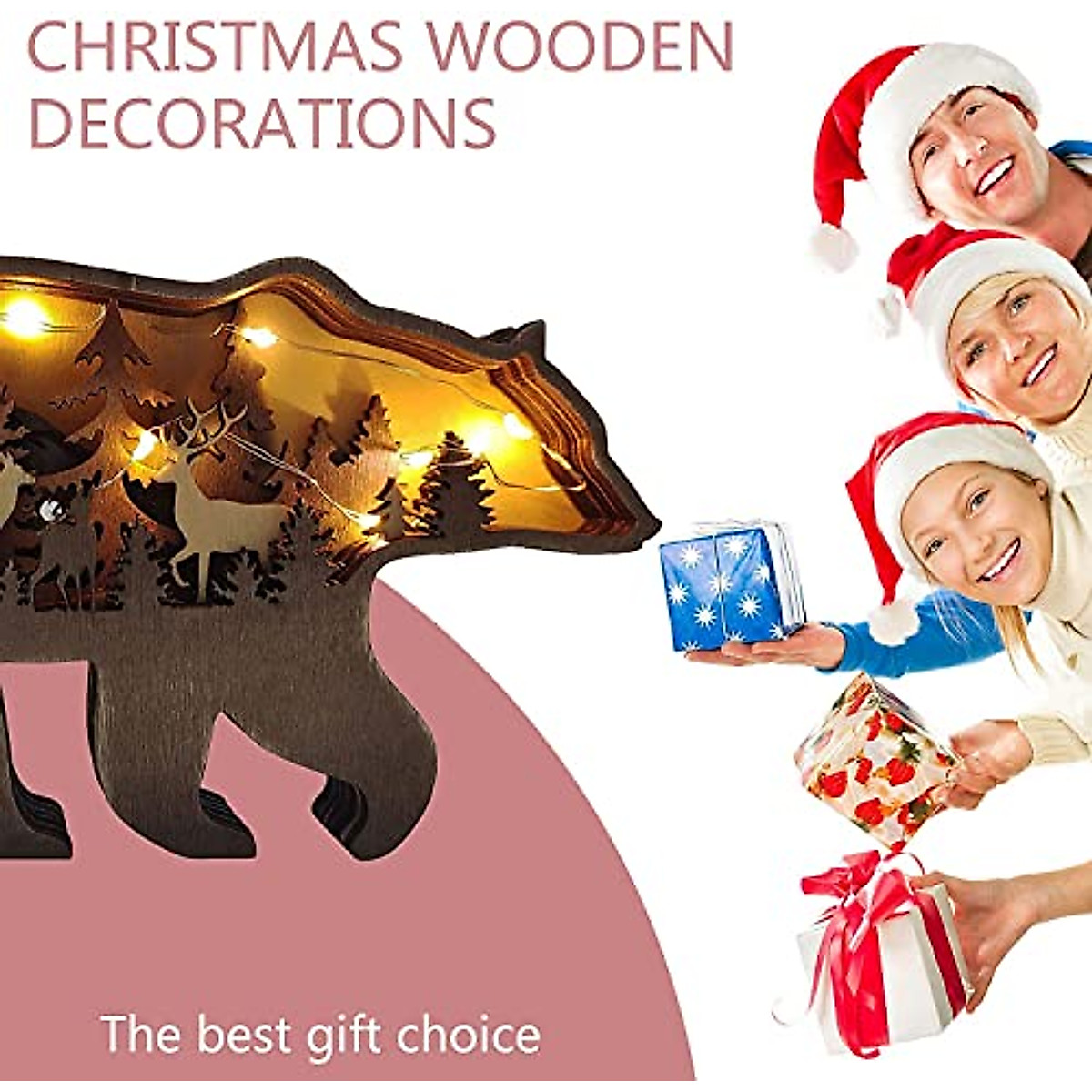 Linwnil Forest Animal Wooden Home Wall Sculptures Ornament,Multi-Layer 3D Wood Carving Art Shelf Table Wood Crafts Home Furnishing (Bear)