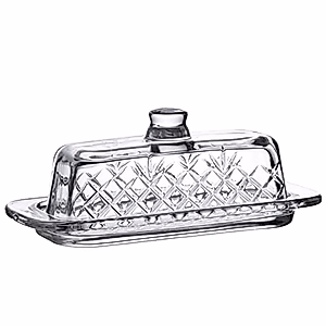 Royalty Art Glass Butter Dish with Lid, Single Stick Container with Handle Cover, Rustic Farmhouse or Vintage Boho Kitchen Accessory, Clear