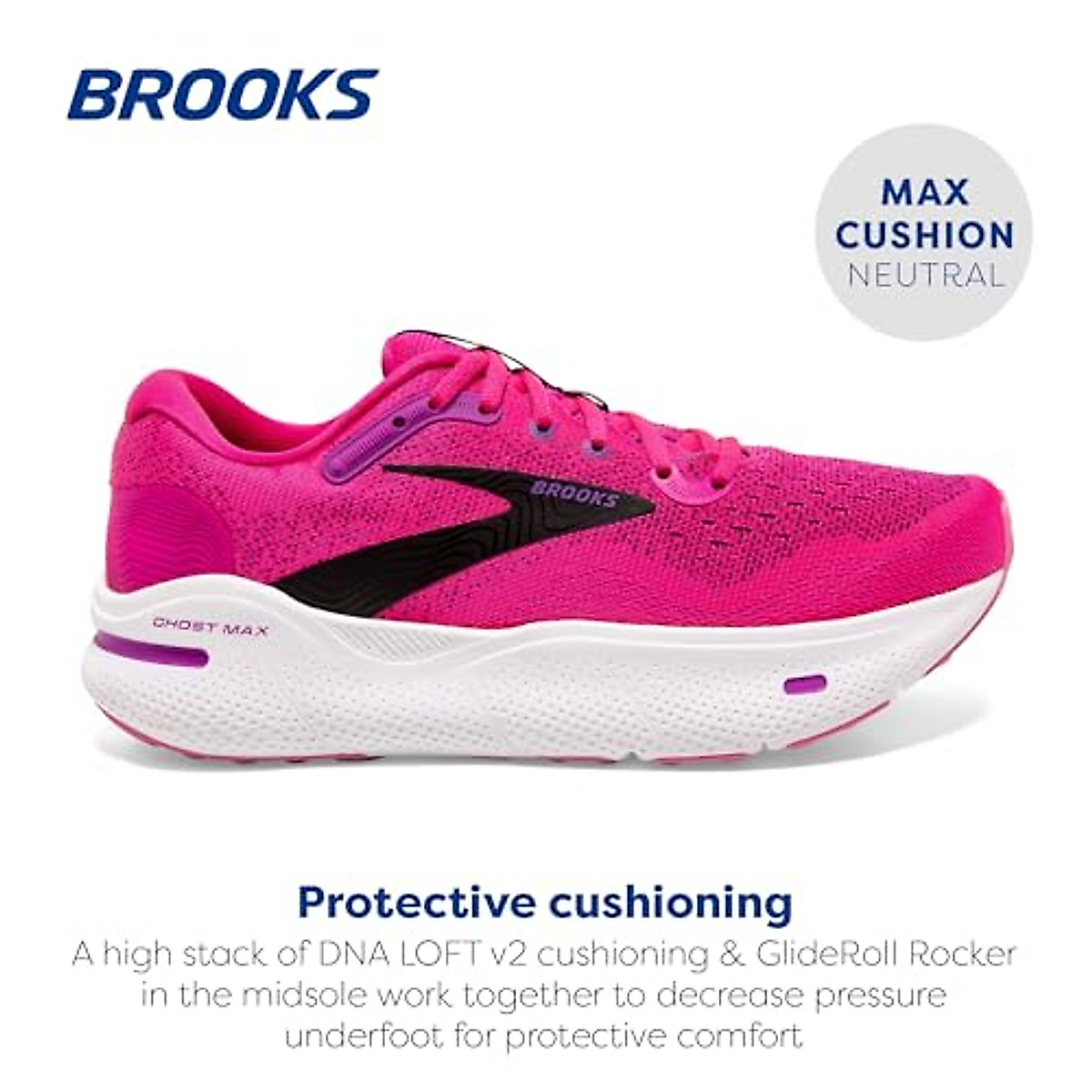Brooks Women’s Ghost Max Cushion Neutral Running & Walking Shoe - Pink Glo/Purple/Black - 8 Medium