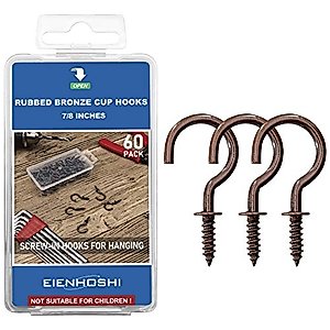 EIENHOSHI 7/8'' Rubbed Bronze Cup Hooks - Pack of 60, Screw-in Hooks for Hanging Stuff, Small Ceiling Hooks Great for Indoor-Outdoor Use