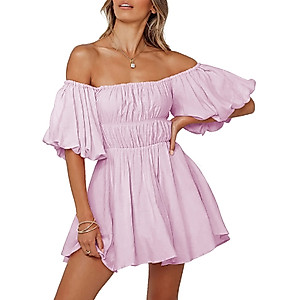 Dokotoo Womens Square Neck Summer Dresses Lantern Sleeve Ruffle A-Line Purple Dresses for Women Elastic Waist Casual Mini Beach Dresses Small