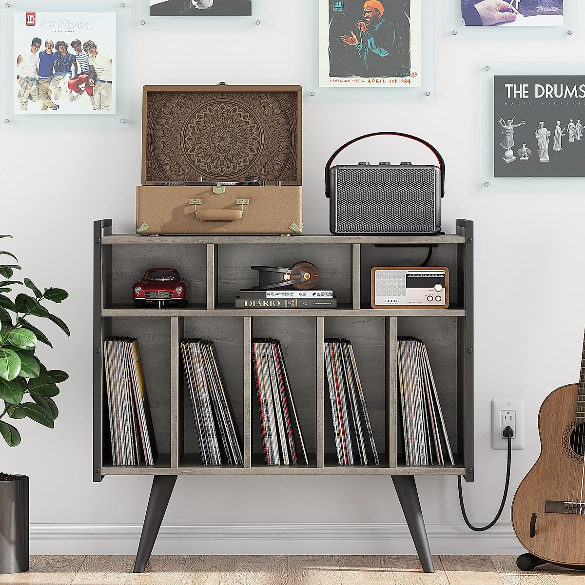 IDEALHOUSE Record Player Table Stand, Grey Record Album Storage Cabinet with Power Outlet, Large Wooden Turntable Stand for Living Room, Bedroom, Office