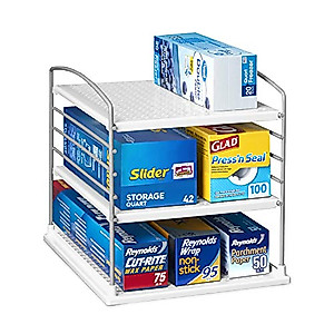 YouCopia StoreMore Adjustable Rack Cabinet Organizer for Pans Sheets and Pot Lids, Large, White & UpSpace Adjustable Box Organizer for Foil Wrap and Kitchen Cabinet Storage, 9" x 9", White