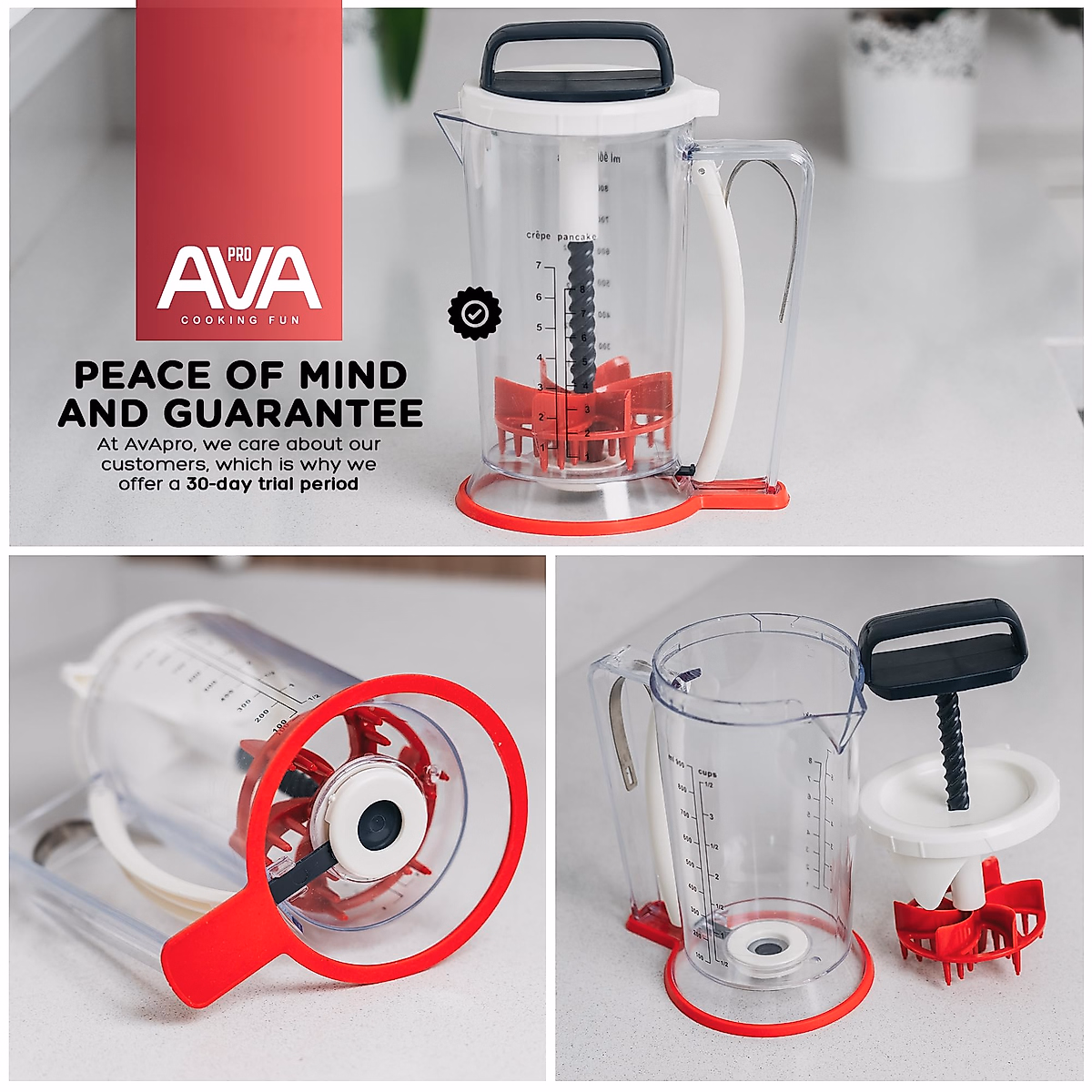 AVAPRO Batter Dispenser and Mixer 3in1 essential tool for measuring, dispensing and mixing batter for pancakes, crepes and other thin batters, quick and easy, no mess, 900ml Pancake Batter Dispenser.