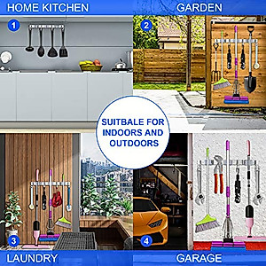 POPRUN Broom Mop Holder Wall Mount Stainless Steel Garden Tool Hanger Garage Organizer Home Kitchen Laundry Storage, 3 Racks 4 Hooks, Grey