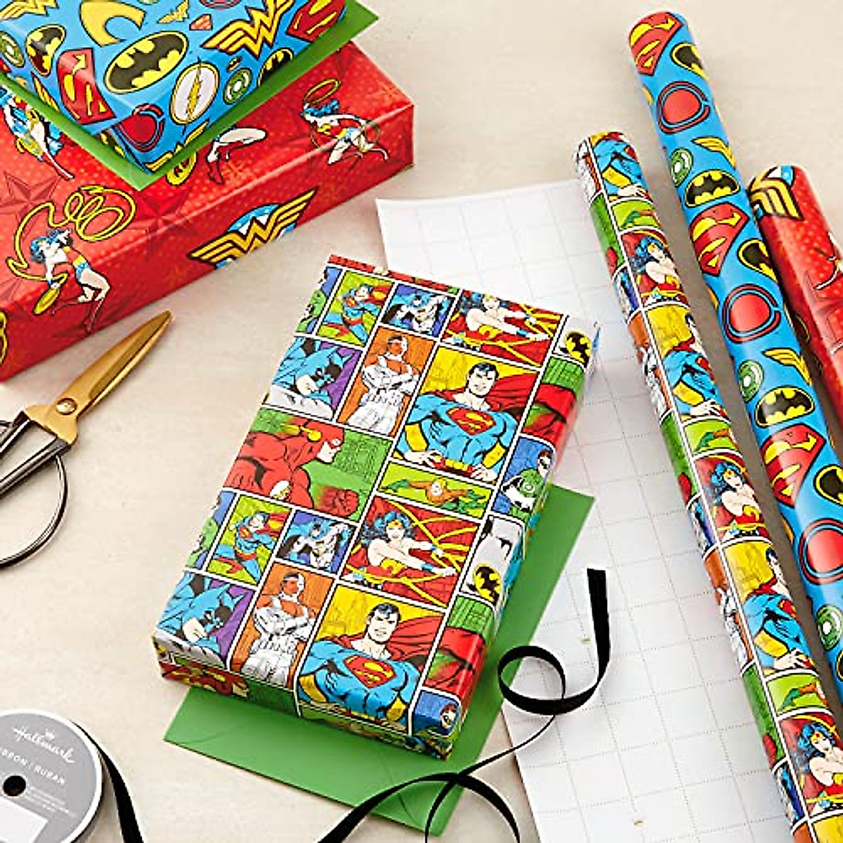 Hallmark Justice League Wrapping Paper Bundle with Cut Lines on Reverse (3 Rolls - 60 sq. ft. ttl) Wonder Woman, Batman, Superman, Flash, Green Lantern