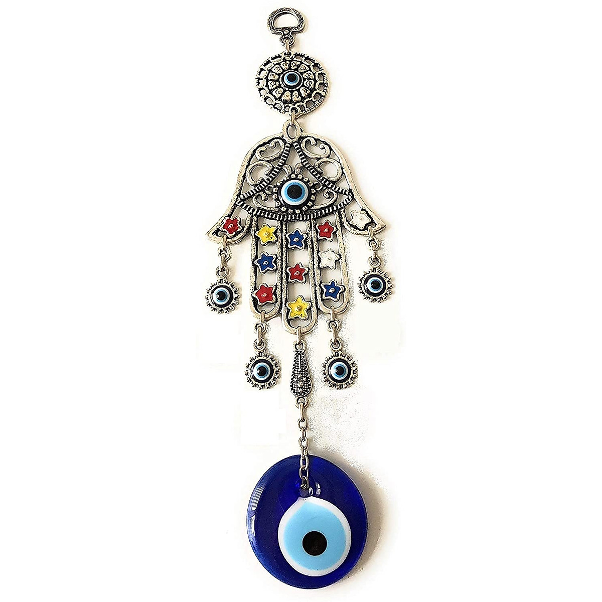 Designus Handmade Home Garden Decorative Blue Glass Metal Hamsa Hand Evil Eye Wall Amulet Hanging Macrame Ornament Craft