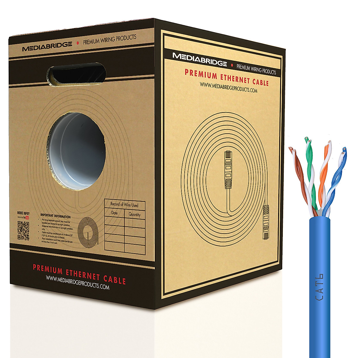 Mediabridge Pure Copper Cat6 Cable (250 Feet, Blue) - 10Gbps Ethernet, Solid, in-Wall Rated, w/Premium Snagless Pull-Out Box - (Part# C6-250-BLUE)