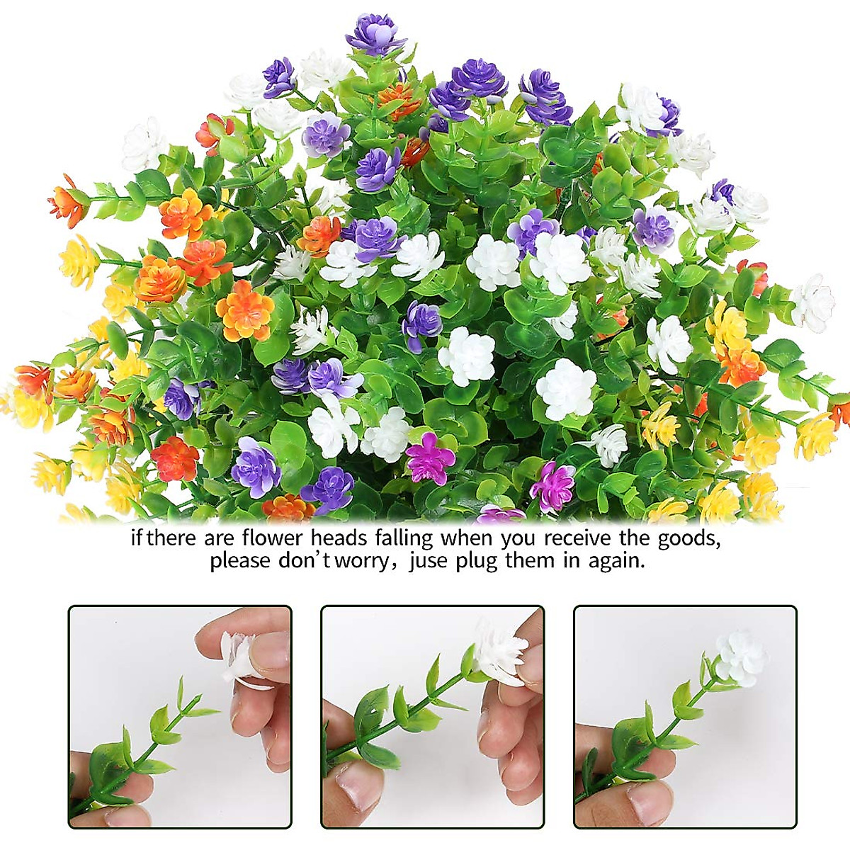 Flojery 6Pcs Artificial Flowers UV Resistant Fake Flower Greenery Eucalyptus Plants with Flower for Porch Window Box Home Garden Decor (White)