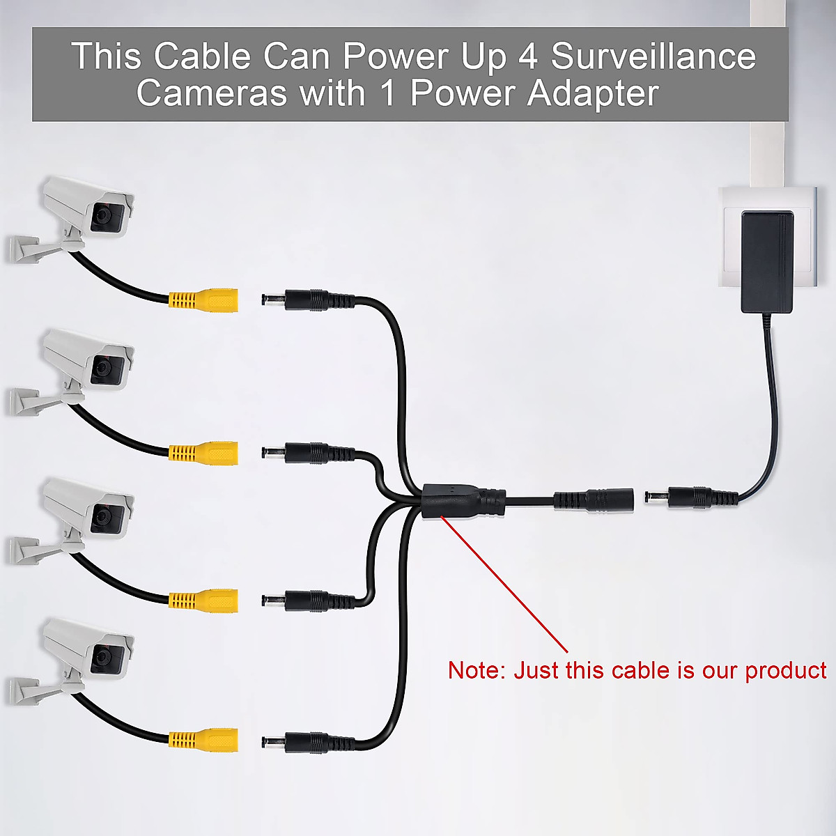 GINTOOYUN DC Splitter Cable 1 Female to 4 Male 5.5mm x 2.1mm, 12V DC Power Extension Cable Splitter Adapter for CCTV Security Camera, LED Strip Light, etc 0.7m (1 to 4 Way)