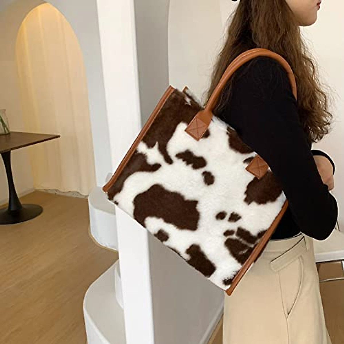 Fashion Women PU Leather Plush Animal Pattern Print Handbag Autumn Winter Casual Large Capacity Tote Bags