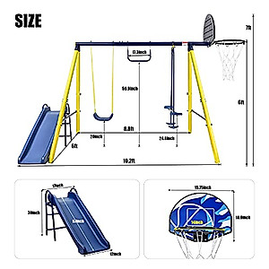 Tidyard 5 in 1 Outdoor Swing Set for Backyard, Playground Swing Sets with Steel Frame, Swing Silde Playset for Kids with Seesaw Swing, Basketball Hoop