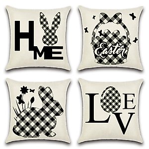 Ohok Easter Pillow Covers 18x18 Set of 4 Spring Pillow Covers Black and White Striped Rabbit Basket Decorative Pillow Covers for Farmhouse Home Decor Sofa Couch Chair Bed Bedroom Living Room