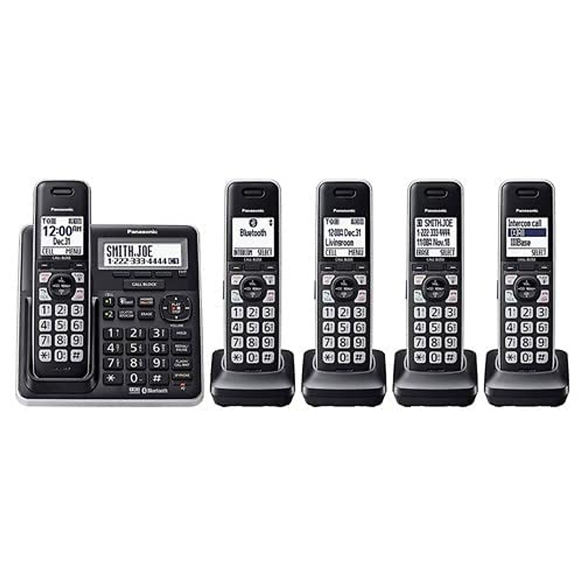 Panasonic KX-TG985SK Link to Cell Bluetooth Voice Assist Talking Caller ID Answer-by-Voice Call Block Low Battery Alert Cordless Phone - 5 Handset (Renewed)