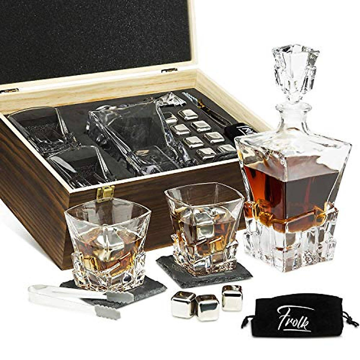 Whiskey Decanter and Stones Gift Set for Men - Whiskey Decanter, 2 Rocks Whiskey Glasses, 8 Stainless Steel Whisky Cubes, 2 Slate Coasters, Special Tongs & Freezer Pouch in Pinewood Gift Box