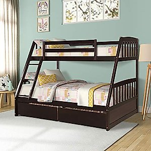 Solid Wood Twin Over Full Bunk Bed with Two Storage Drawers (Espresso)