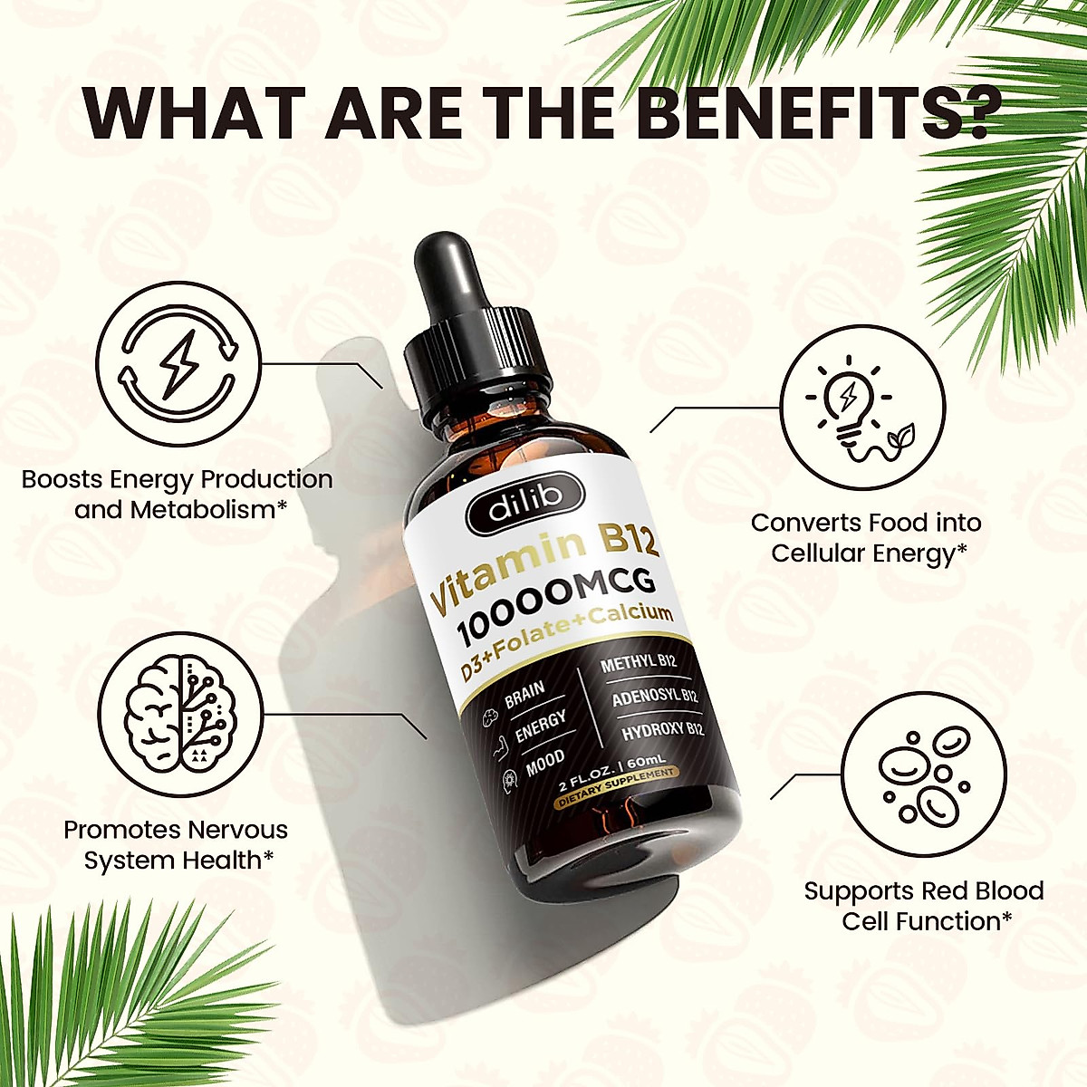 dilib Vitamin B12 Complex 10000 mcg | Vegan Triple Liquid B-12 Drops Sublingual Supplement | Methylcobalamin & Adenosylcobalamin & Hydroxo Blend for Long-Lasting Energy and Healthy Metabolism(2 Pack)