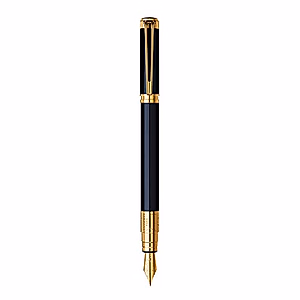 Waterman Perspective Fountain Pen, Gloss Black with 23k Gold Clip, Medium Nib with Blue Ink Cartridge, Gift Box