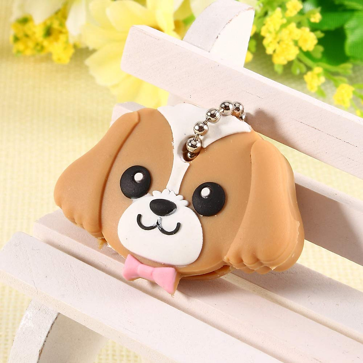 Key Cap Key Cover,Cute Dog Shape Key Cover,Lovely Cartoon Key Cap Keychain Key Holder with Pink Bowtie Key Identifier Caps Key Covers