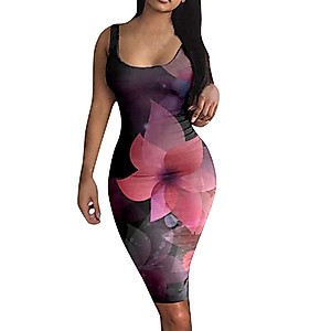 Midi Spring Dresses for Women 2023 Women Casual Sexy Round Neck Tank Top Sleeveless Dress Flower Print Casual Dress Pink