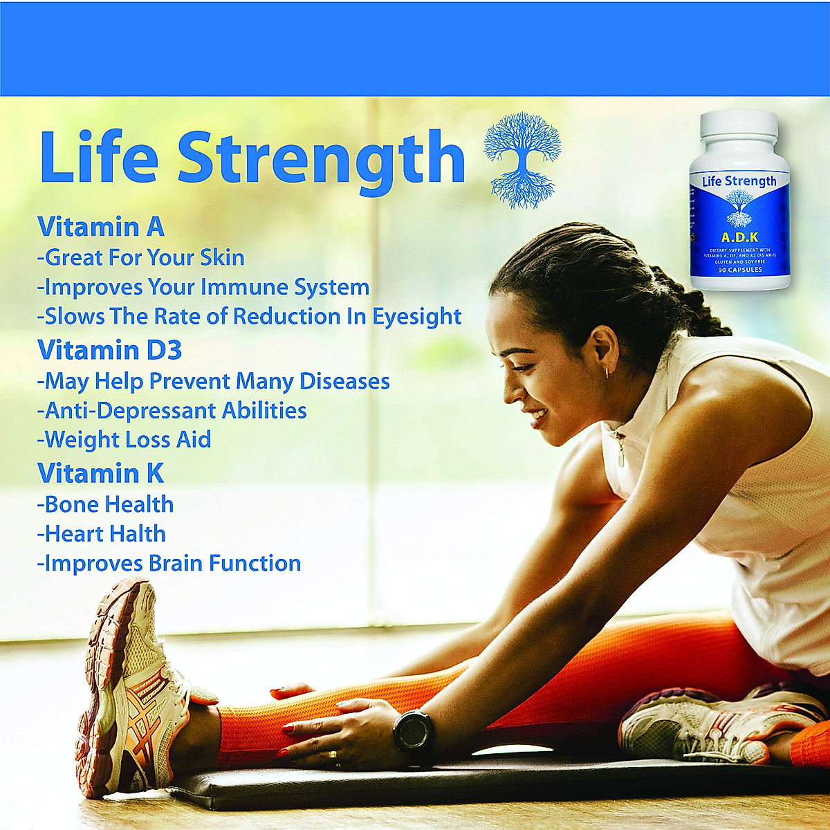 Life Strength ADK Supplement (90 CT) - Physician Formulated Vitamins A1, D3 & K2 (as MK7) for Bone Health - Immune System Support - Gluten Free, Soy Free, Non-GMO - Pack of 2