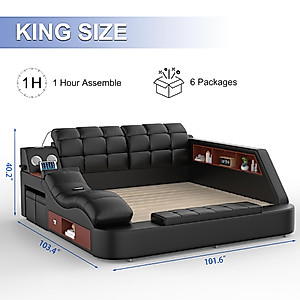 Multifunction Smart King Bed Frame, Luxury Upholstered Platform with Massage Recliner/Bluetooth Speaker/USB Charging Station/Storage Drawers, Leather Headboard/ Strong Wooden Slats, Black