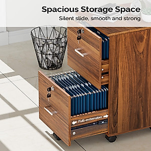 VINGLI 2-Drawer Rolling File Cabinet with Lock, Wood Mobile Filing Cabinet for Hanging Letter Size Filings Under Desk File Cabinet for Home Office, Assembly Required, Classic Walnut, 26.5" H