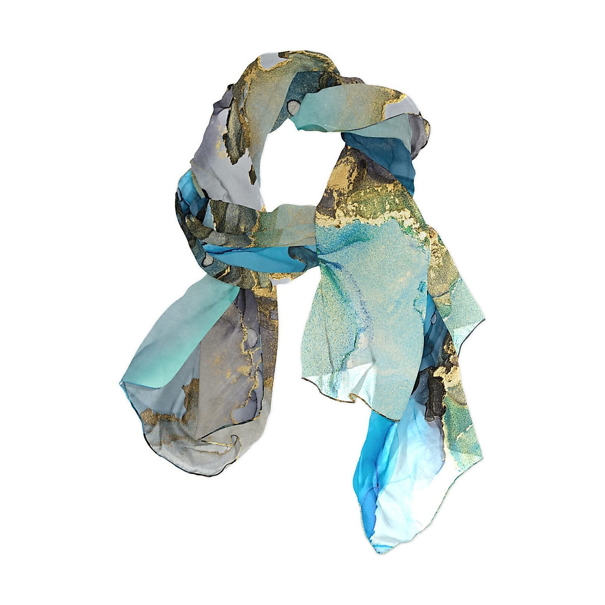 Mixed Blue, Grey, Golden Alcohol Ink Abstract Marble Texture Women Long Silk Scarf, Shawl Chiffon Large Stole Headscarf, Lightweight Sunscreen Satin Scarves Wraps for Wedding Party Gift